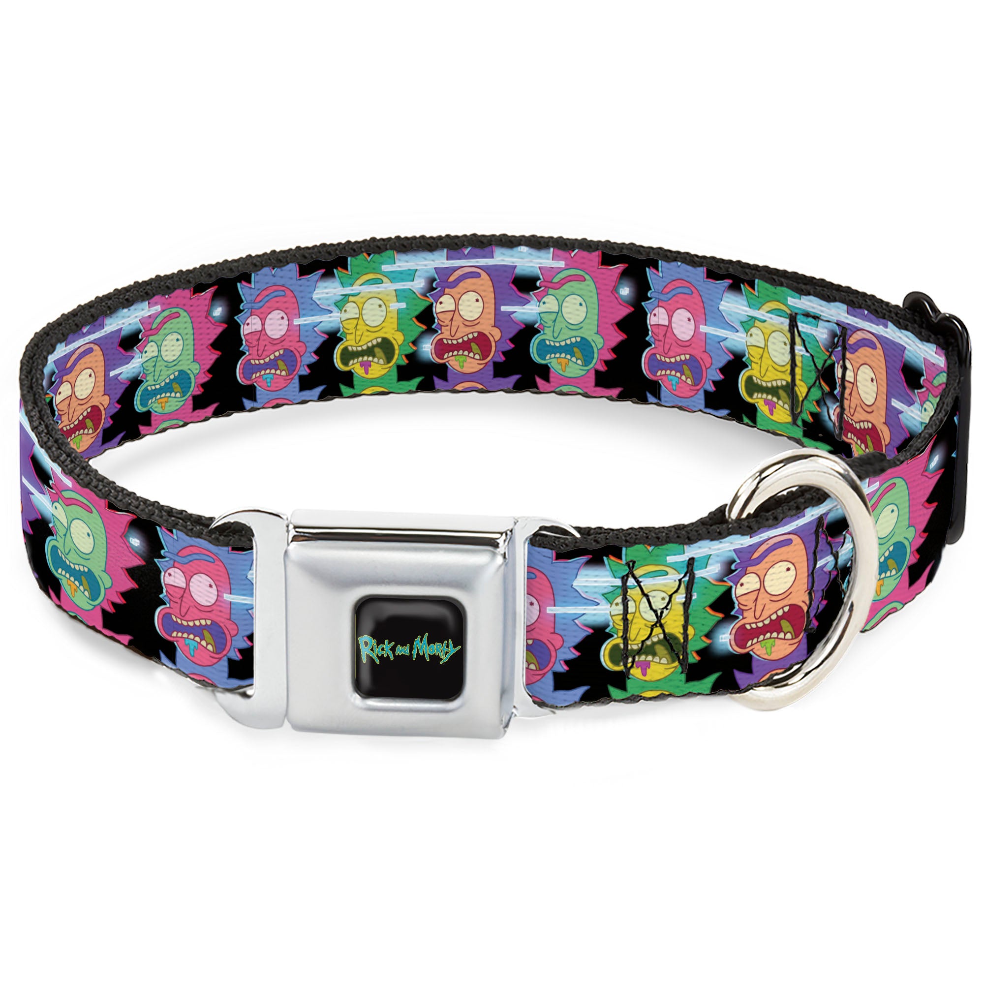 RICK AND MORTY Text Logo Full Color Black/Blue Seatbelt Buckle Collar ...