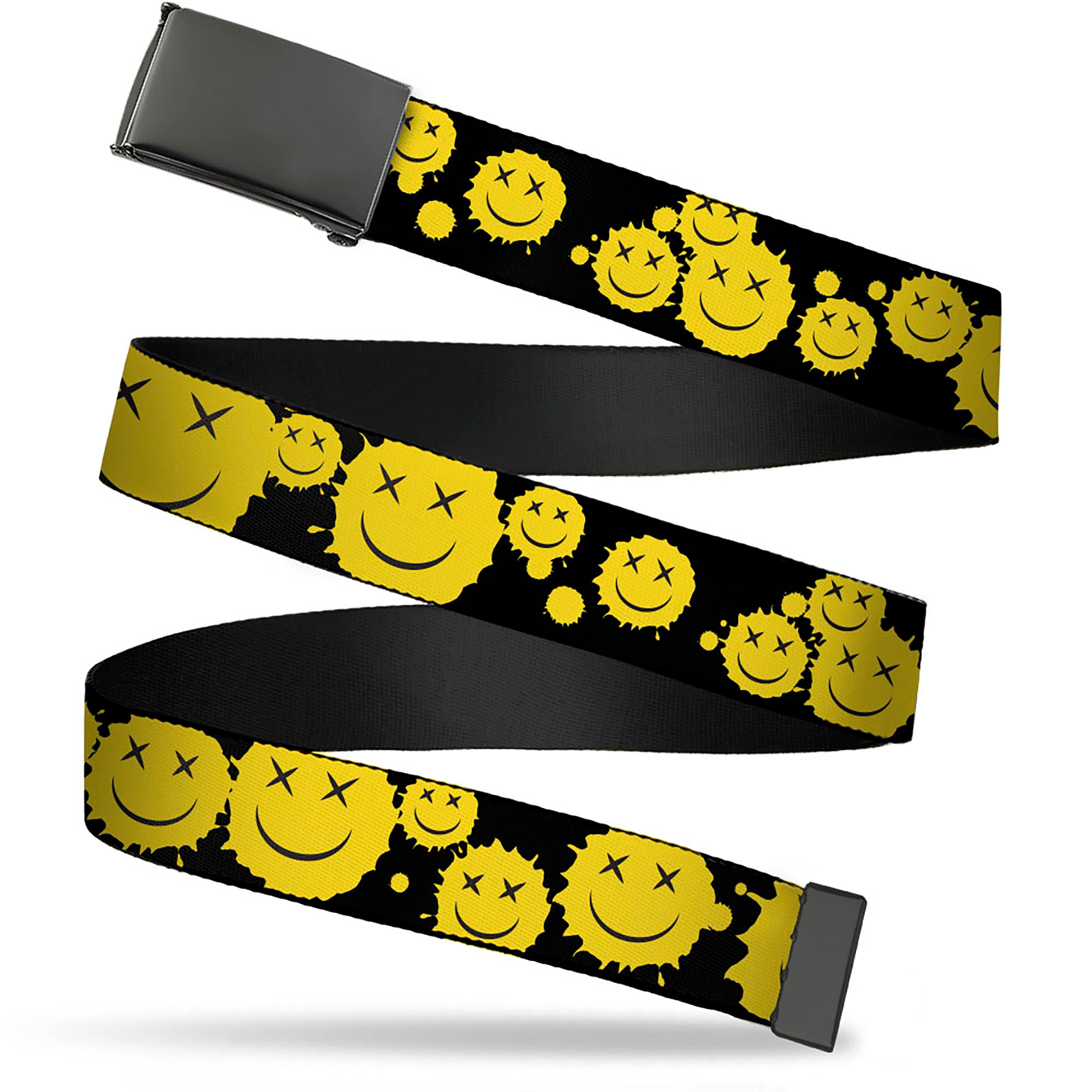 Web Belt Blank Black Buckle - Smiley Face Splatter Scattered Black/Yel ...