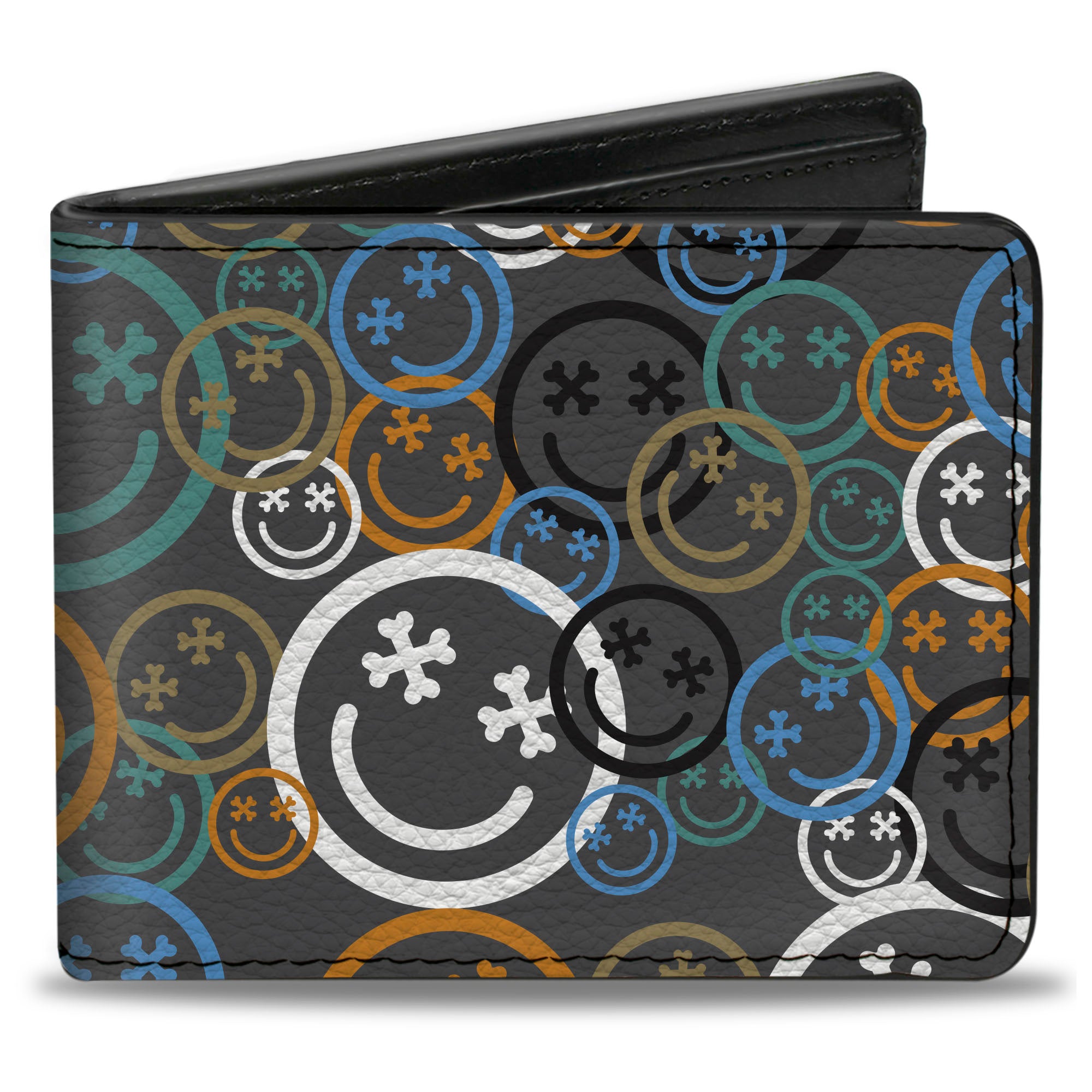 Bi-Fold Wallet - Smiley Face Crossbones Stacked Gray/Multi Color ...