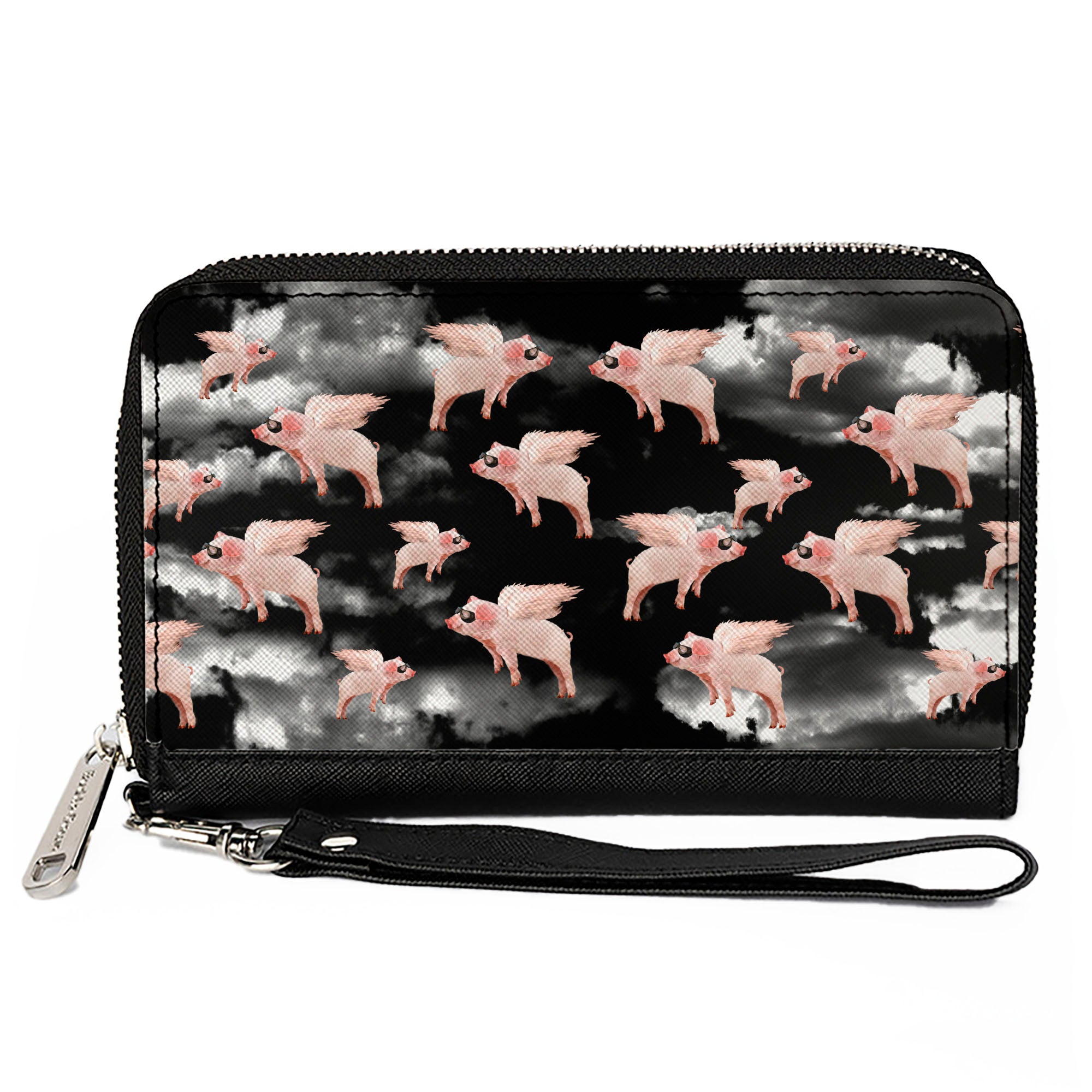 PU Zip Around Wallet Rectangle - Flying Pigs Black/White/Pink – Buckle-Down